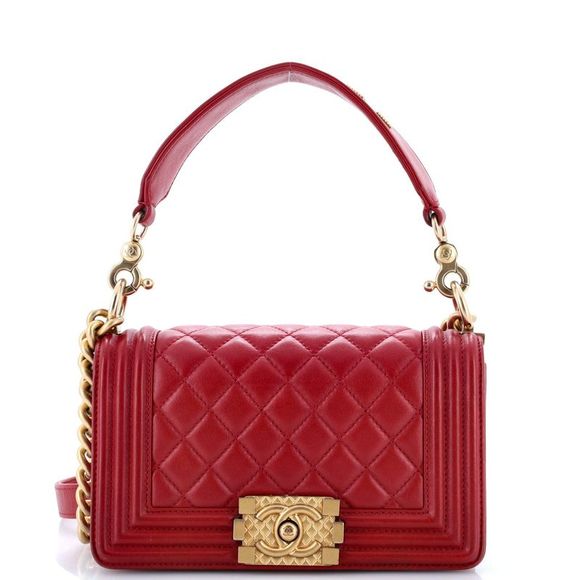CHANEL | Bags | Chanel Logo Top Handle Boy Flap Bag Quilted Calfskin ...